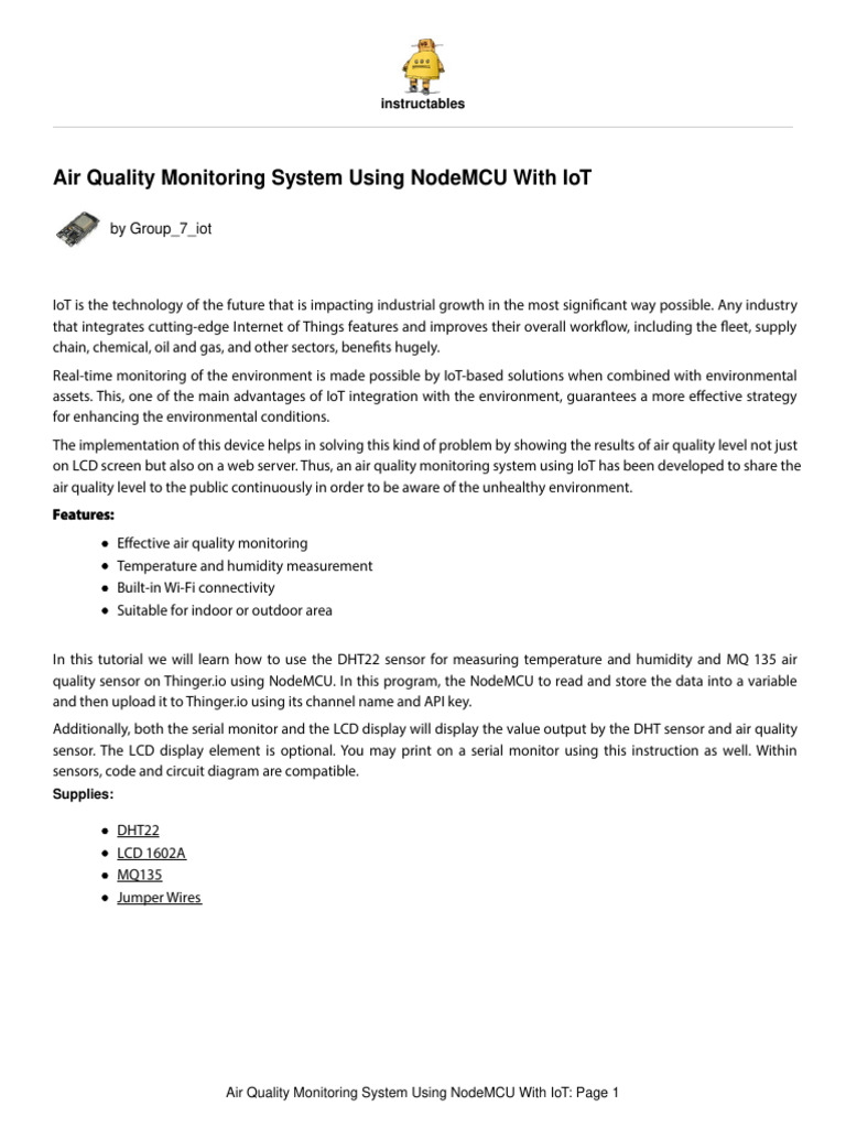 Air Quality Monitoring System Using Nodemcu With I Pdf Internet Of