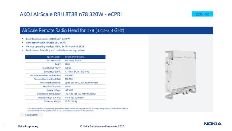 Nokia AKQJ AirScale RRH 8T8R n78 320W Ds | PDF