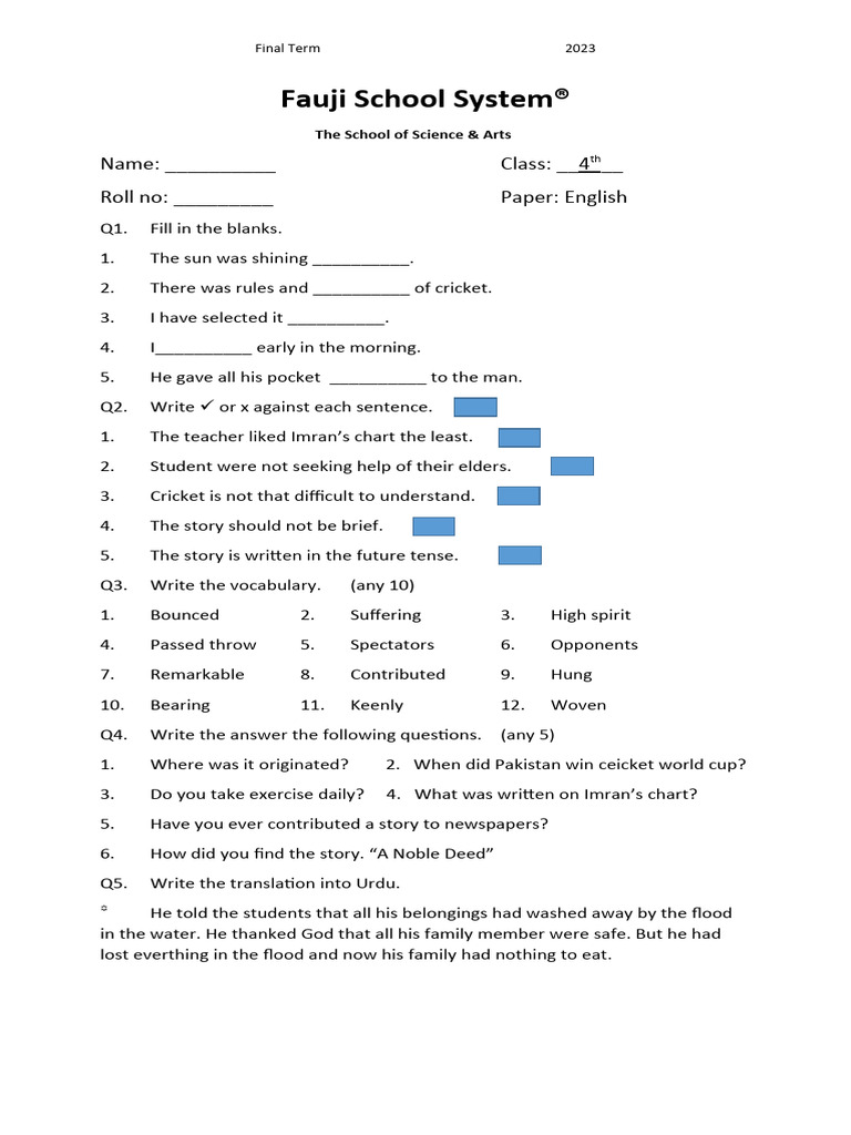 Class 4th Paper English A Final Term 2023 | PDF | Language Arts & Discipline