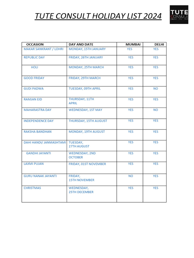 TUTE HOLIDAYS LIST 2024 | PDF