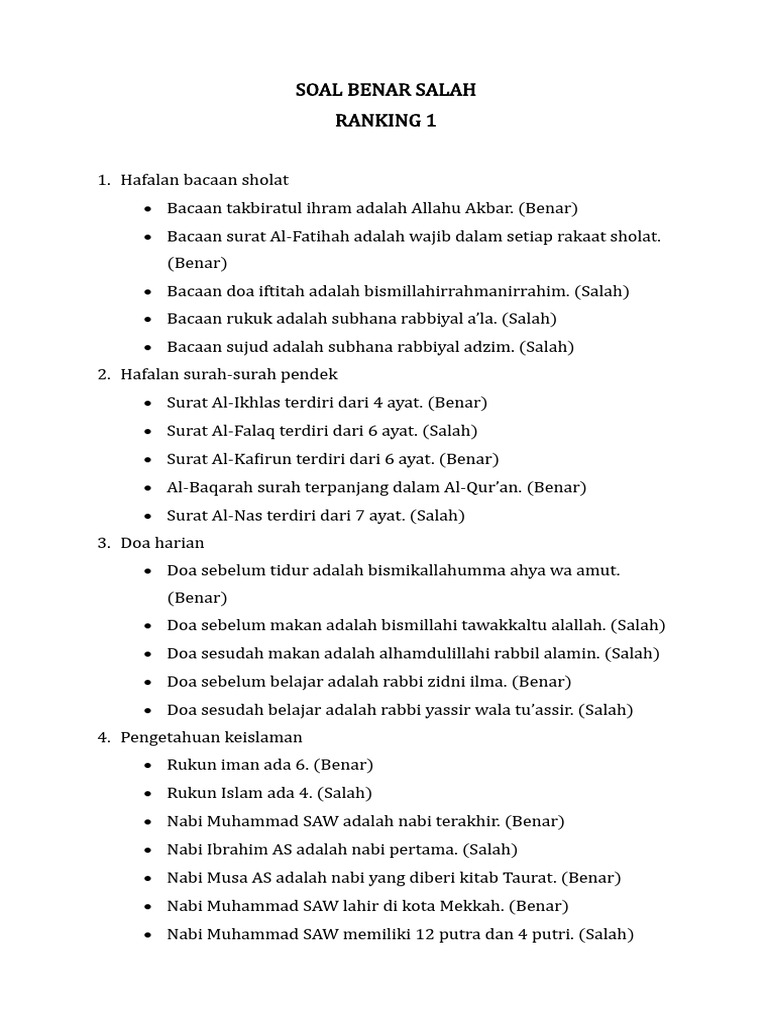 Soal Benar Salah Agama SD Semester 1 | PDF