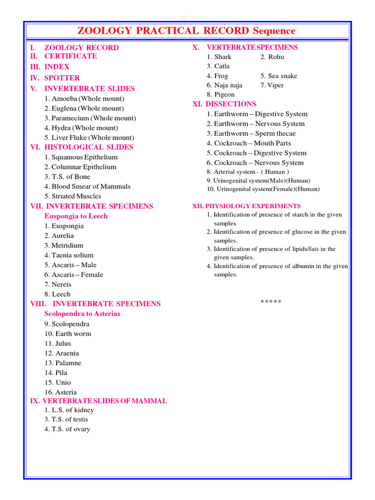 Plus Two Zoology Practical Record | PDF | Science & Mathematics