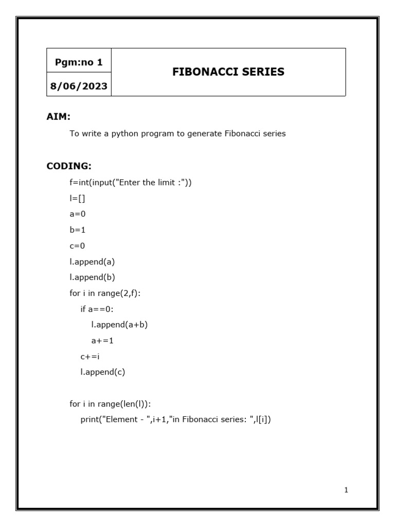 Fibonacci Series: Pgm:no 1 8/06/2023 Aim | PDF | Area | Comma Separated ...