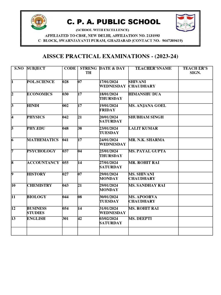 AISSCE 2023-24 Practical Exam Schedule | PDF