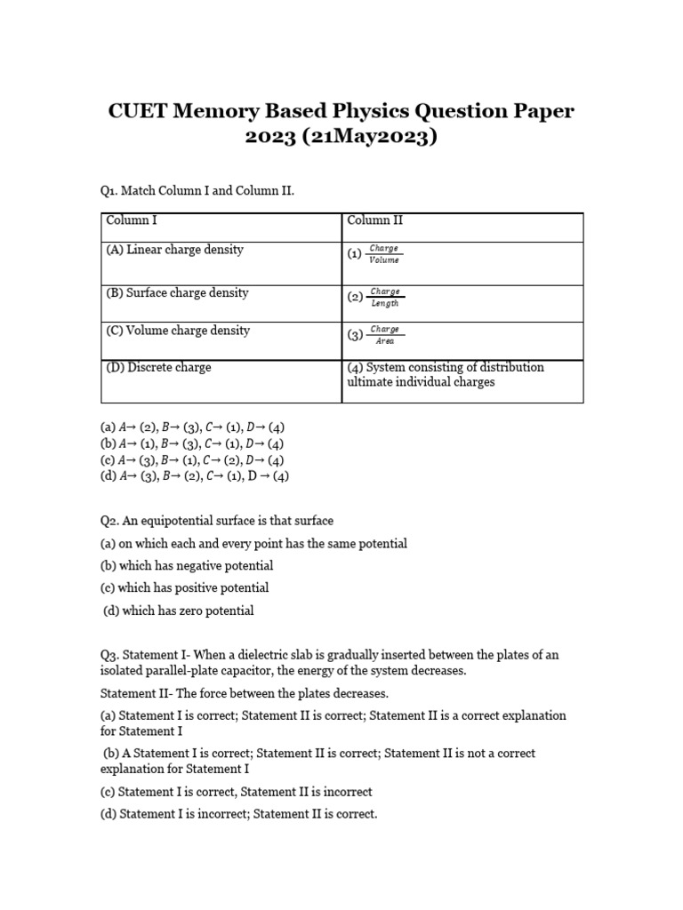 CUET Memory Based Physics Question Paper 2023 21may2023 | PDF ...