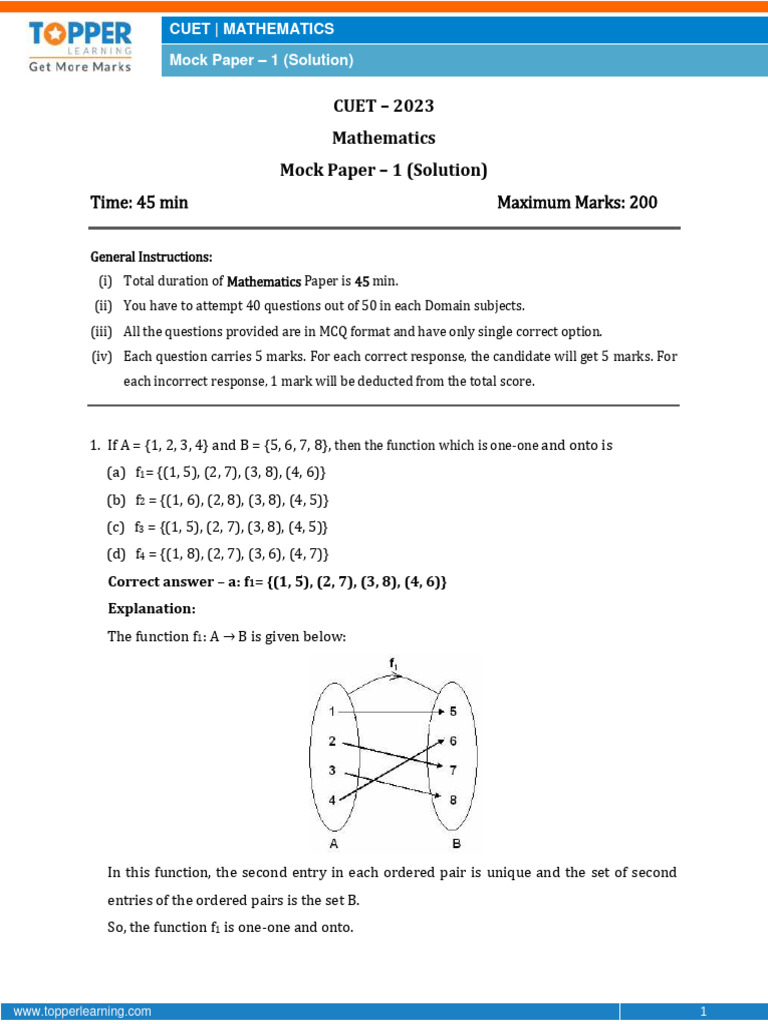 CUET 2023 Mathematics Mock Paper 1 | PDF | Matrix (Mathematics ...