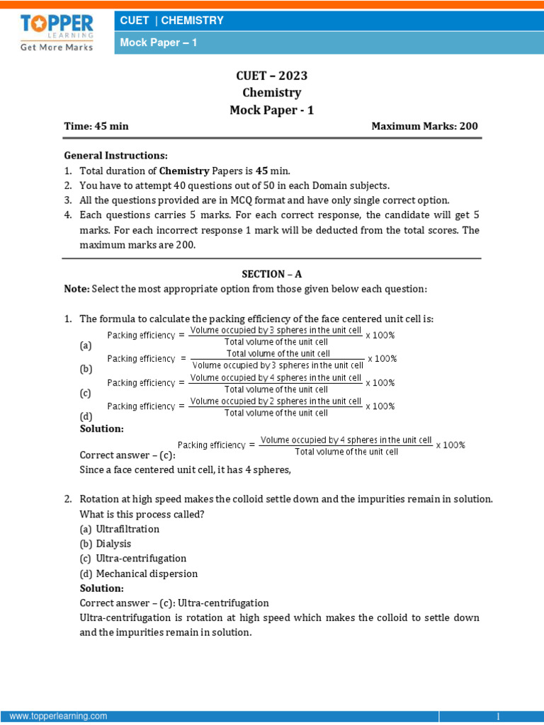 Cuet-2023 Mock1 Chem Q S | PDF | Chemical Compounds | Chemical Substances