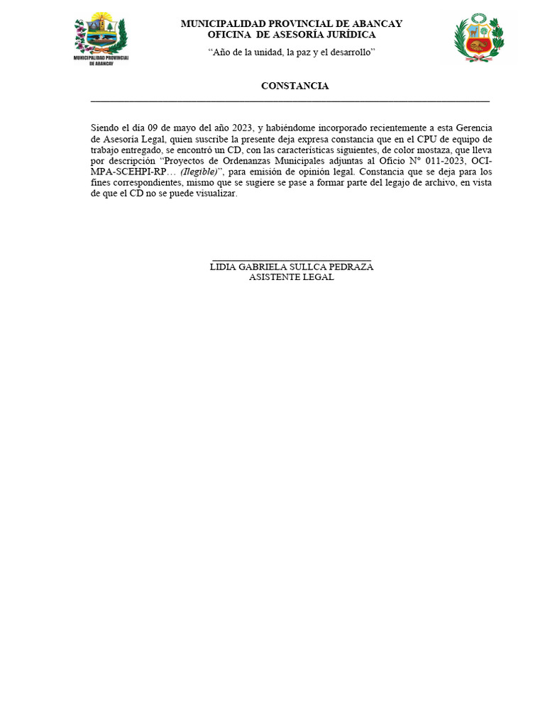 Constancia de CD en Oficina Legal Abancay | PDF | Finanzas y dinero ...