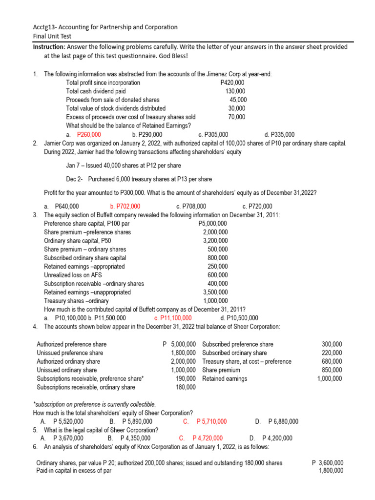 Acctg 13 - Unit Test Final Answer Key | PDF | Dividend | Treasury Stock