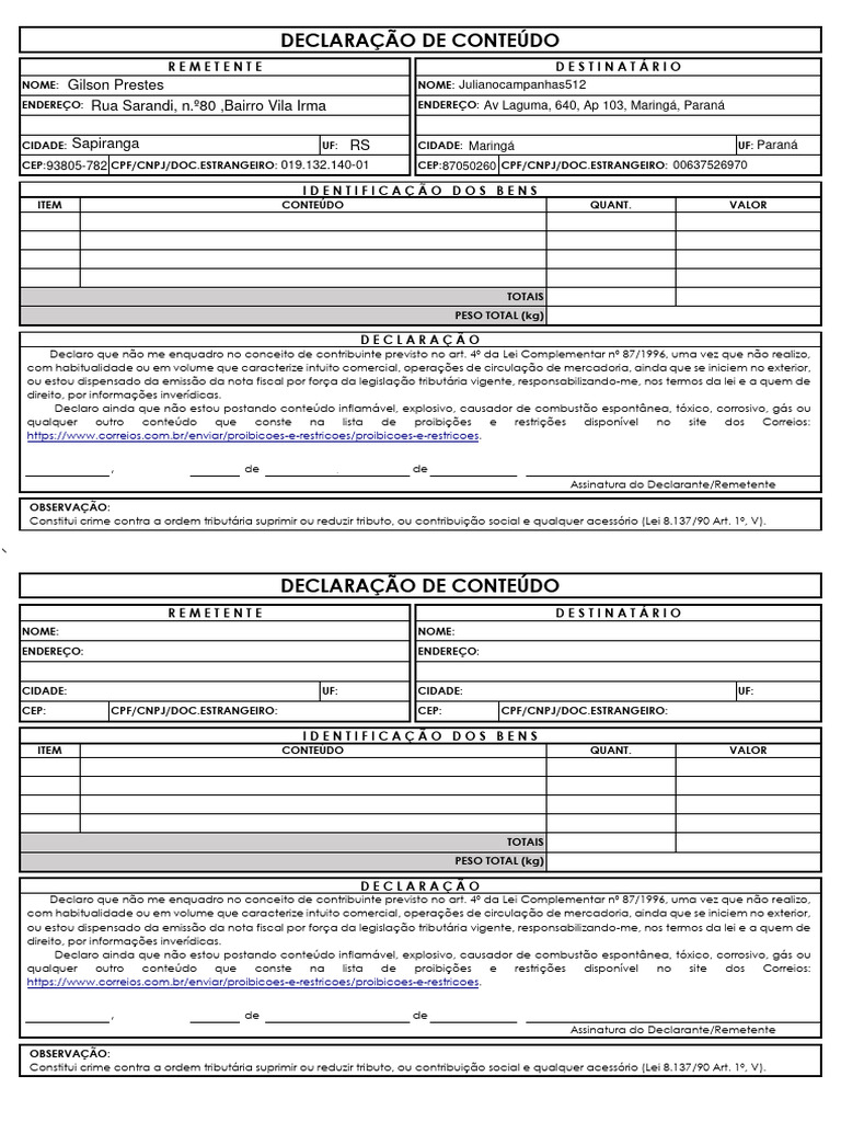 Formulario Declaracao de Conteudo A6 | PDF | Recibo | Governo