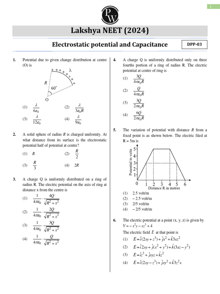 Electrostatic Potential and Capacitance DPP 03 of Lecture 05 | PDF