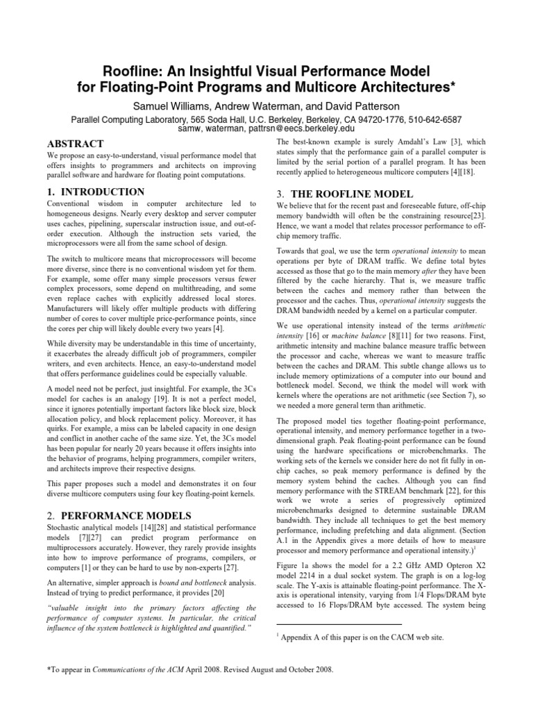Roofline: An Insightful Visual Performance Model For Floating-Point Programs and Multicore ...
