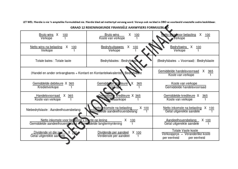 FORMULEBLAD Graad 12 | PDF