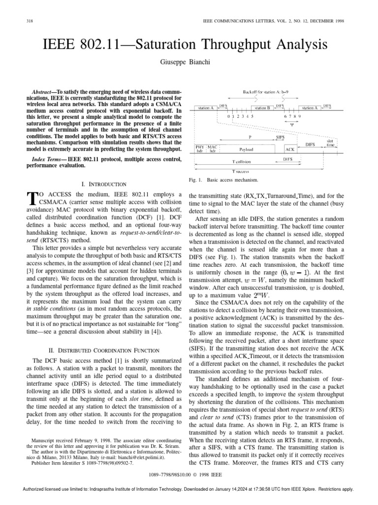 IEEE 802.11-Saturation Throughput Analysis | PDF | Ieee 802.11 | Communications Protocols