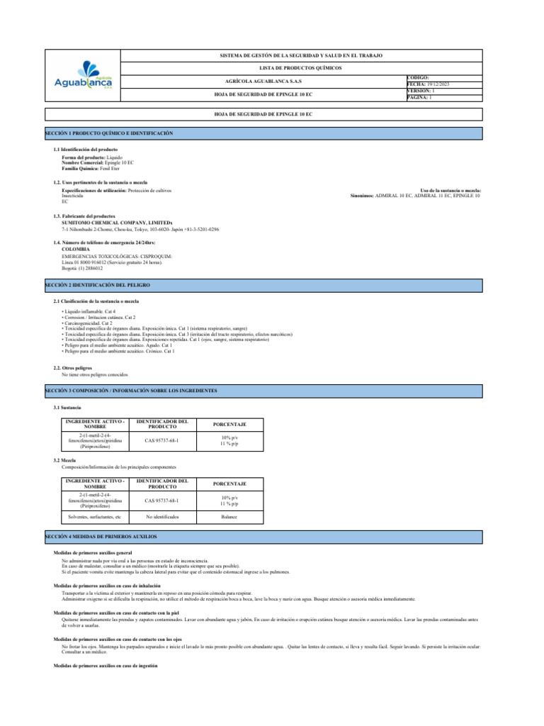 HOJA DE SEGURIDAD DE EPINGLE 10 EC | PDF | Descarga electrostática | Agua