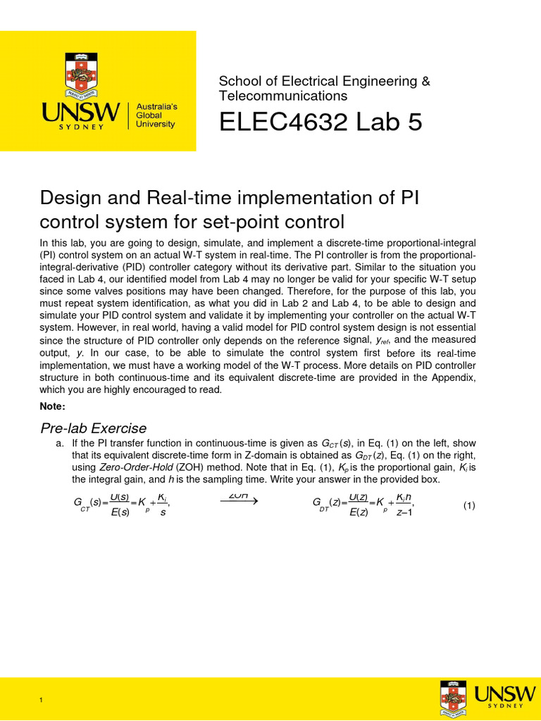 PI Control System Design for W-T Lab | PDF | Control Theory | Matlab