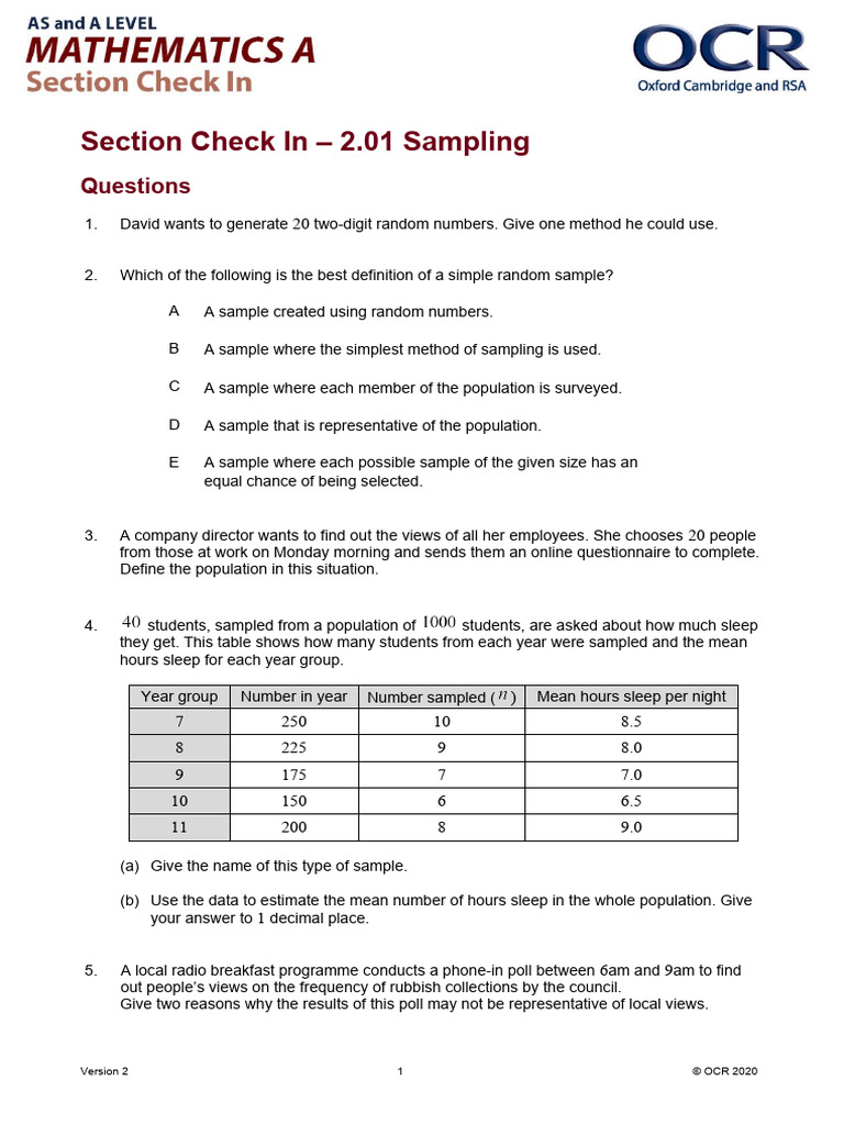 Section Check in 2.01 Sampling | PDF | Sampling (Statistics) | Weight