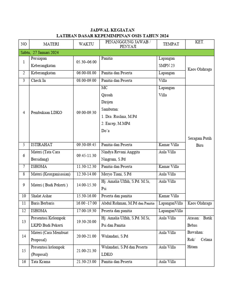 Jadwal LDKO OSIS 2024: Kegiatan dan Materi | PDF