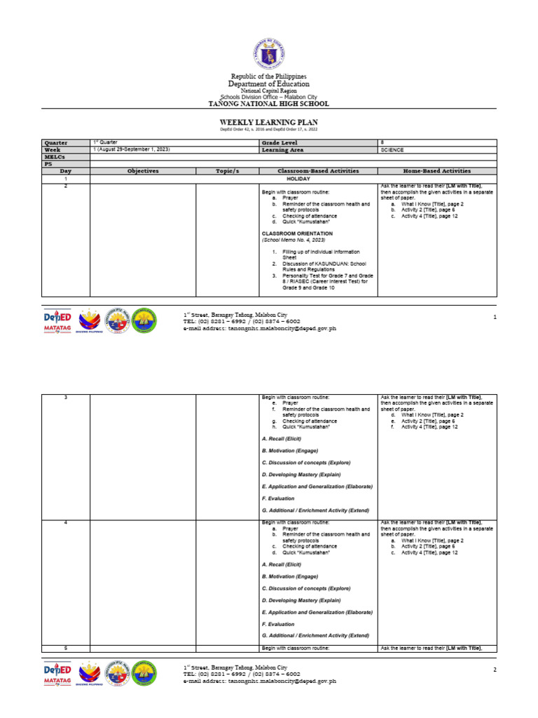 TanongNHS WLP 2023 2024 Template | PDF | Teaching | Behavior Modification