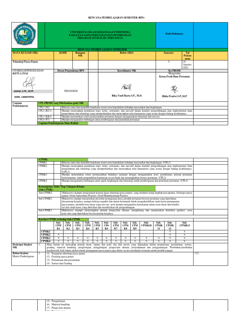 RPS Mata Kuliah Teknologi Pasca Panen | PDF