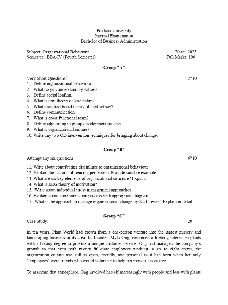 BBA Organizational Behaviour Question | PDF BBA Organizational Behaviour Question | PDF