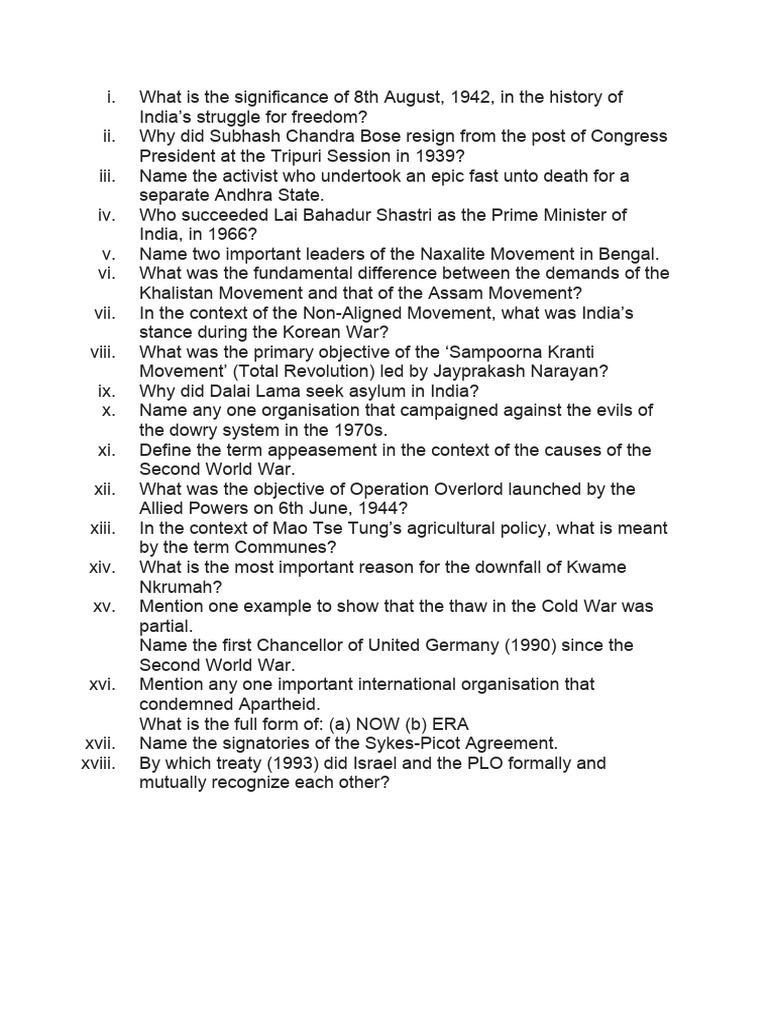 History Sec A Que | PDF | World War II | Indian National Congress