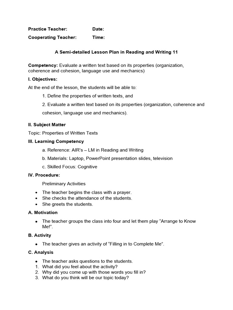 Lesson Plan For Grade 11 Reading and Writing | PDF | Lesson Plan | Teachers