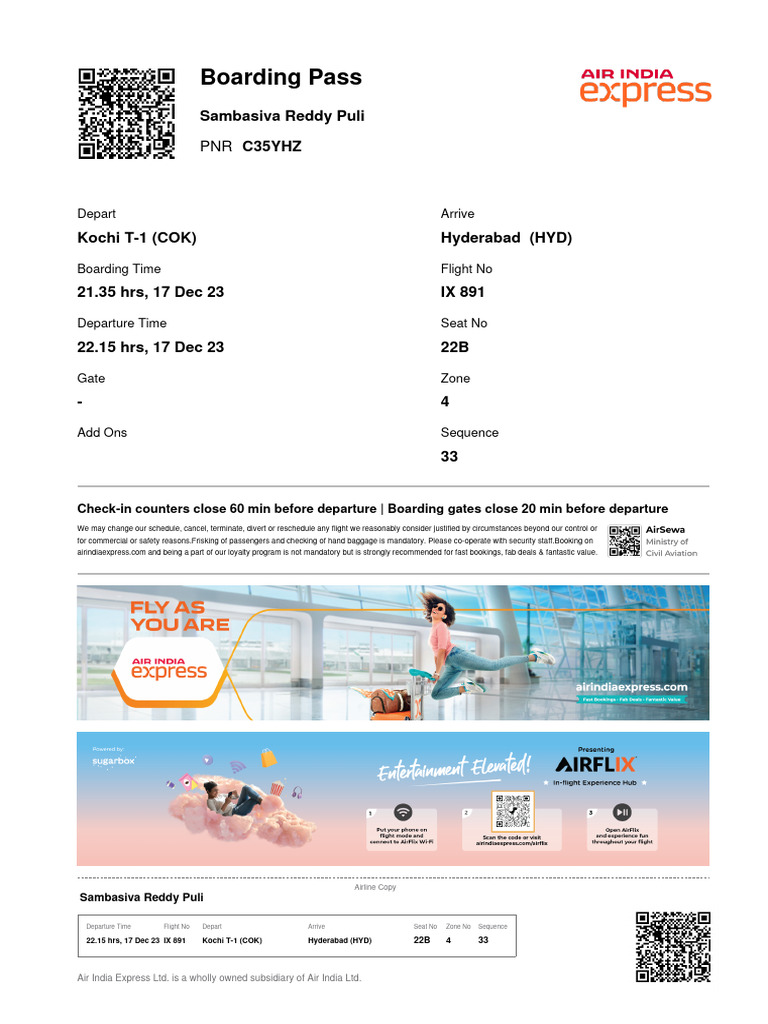 Boarding Pass (COK-HYD) | PDF