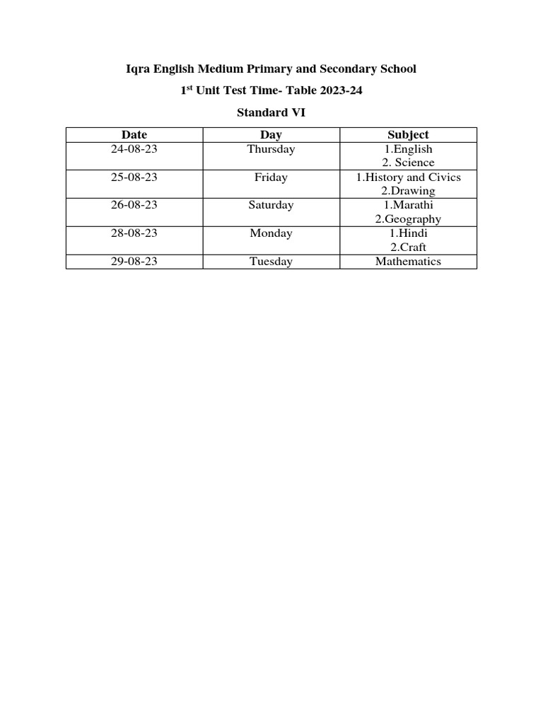 Iqra English Medium Primary and Secondary School 6th Time Table2 | PDF