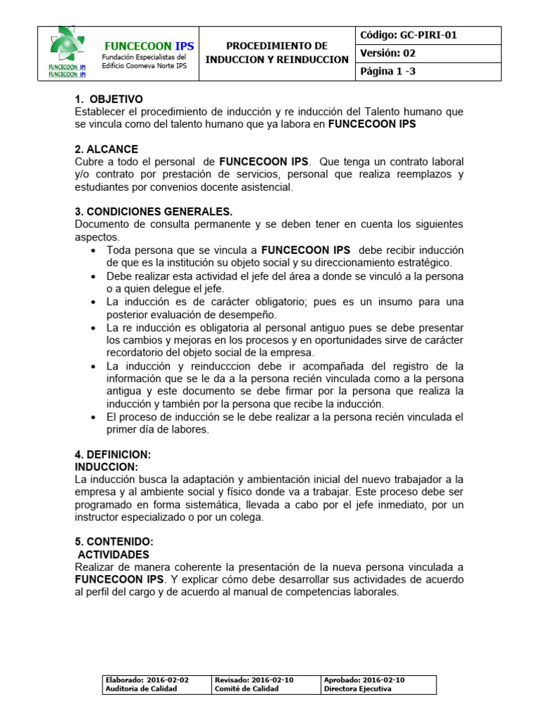 Procedimiento de Induccion y Reinduccion | PDF