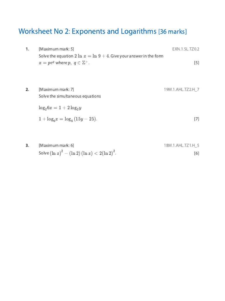 Worksheet No 2 - Exponents and Logarithms | PDF