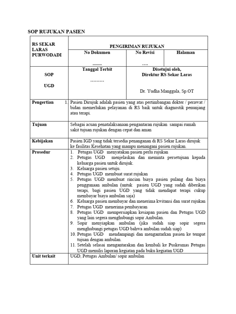 Sop Rujukan Pasien: Rs Sekar Laras Purwodadi Pengiriman Rujukan No Dokumen ........ No Revisi ...