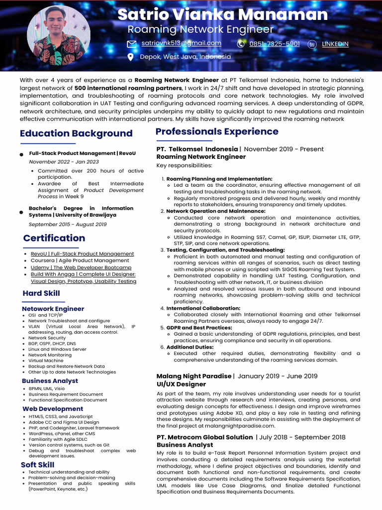 CV - Roaming Engineer - Satrio Vianka Manaman | PDF | Computer Network | Software Development ...