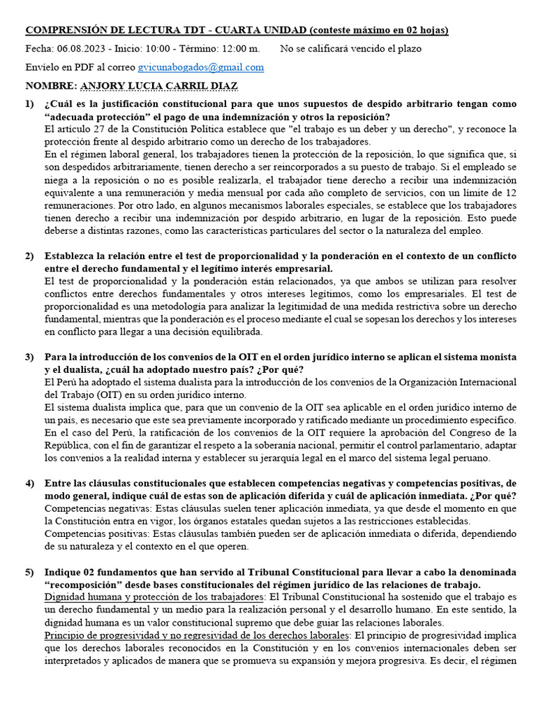 Comprensión de Lectura Cuarta Unidad - Tdt (Anjory l. Carril Diaz) | PDF | Derecho laboral ...