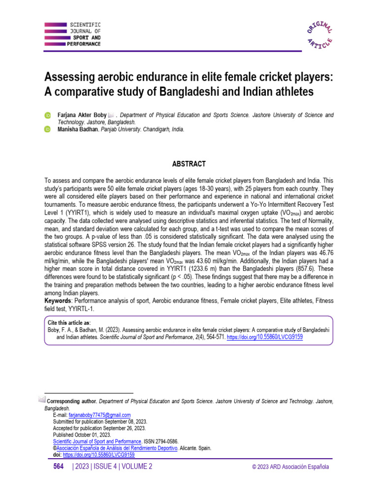 Assessing Aerobic Endurance in Elite Female Cricke | PDF | Scientific Method | Statistical Analysis