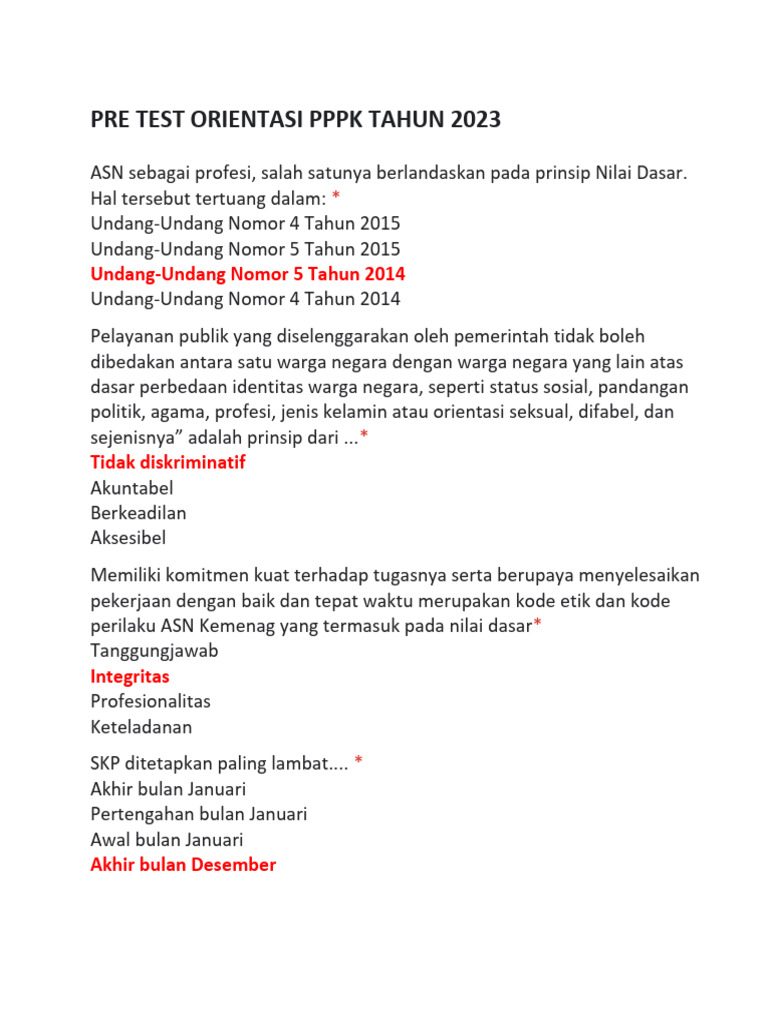 Soal Pre Test Orientasi PPPK 2023 | PDF | Karier & Perkembangan | Bisnis