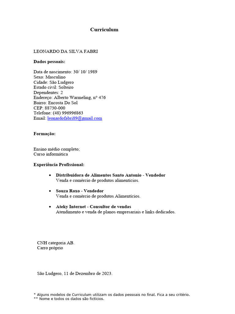 Modelo de Curriculum Vitae | PDF