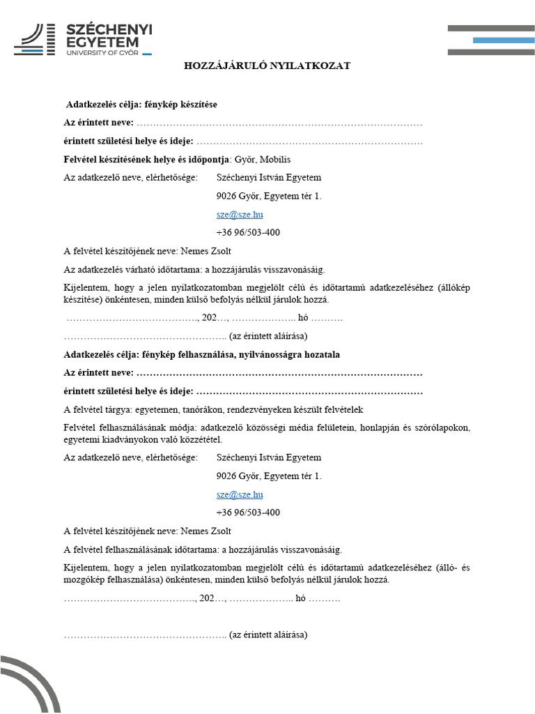 Hozzájárulási Nyilatkozat - Fénykép Készítéshez | PDF