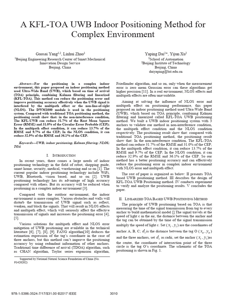 (2017 Guosai Yang) A KFL-TOA UWB Indoor Positioning Method For Complex Environment | Download ...