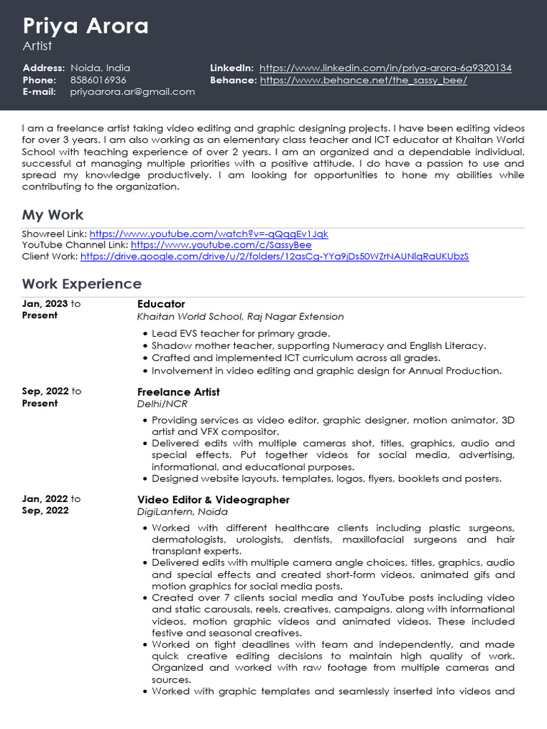Priya Arora Artist Resume | PDF | Computing