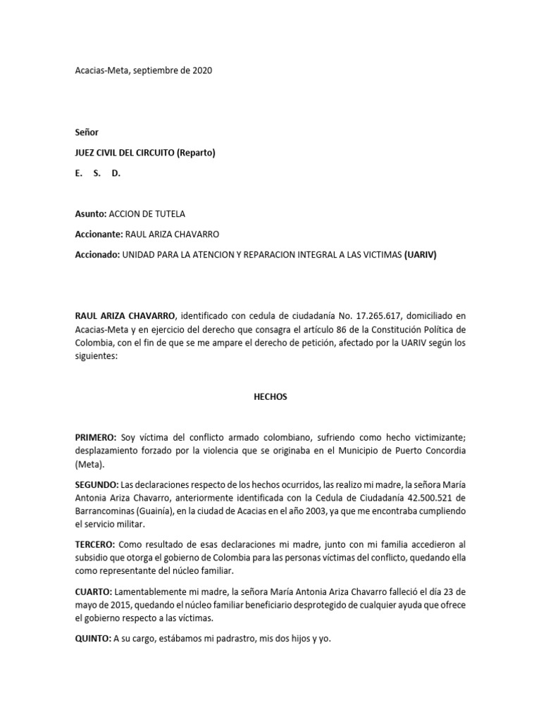 Acción de Tutela contra UARIV en Colombia | PDF | Petición | Derecho ...