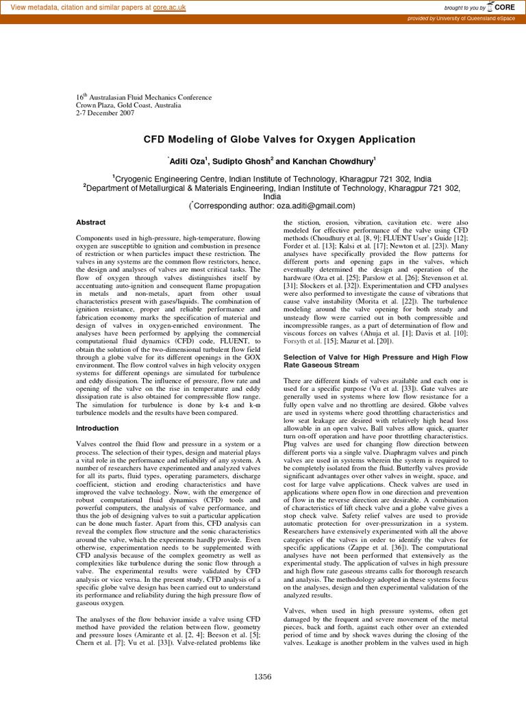 CFD Modeling of Globe Valves For Oxygen Application | PDF | Turbulence | Fluid Dynamics