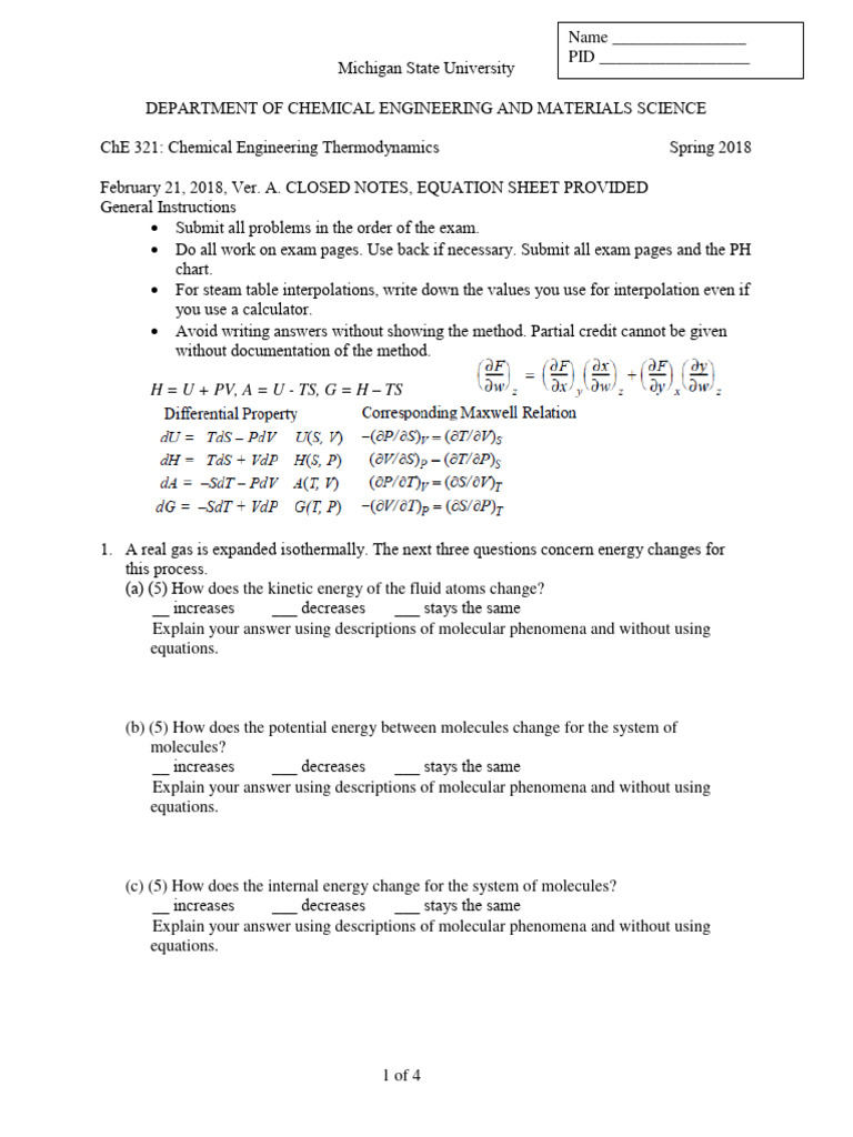 Exam 1 | PDF | Enthalpy | Heat