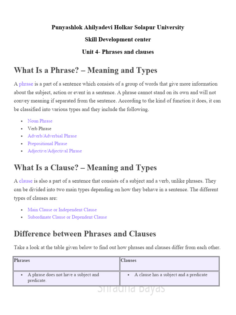 Paper 1unit 4 Phrases and Clauses | PDF | Semantic Units | Linguistics