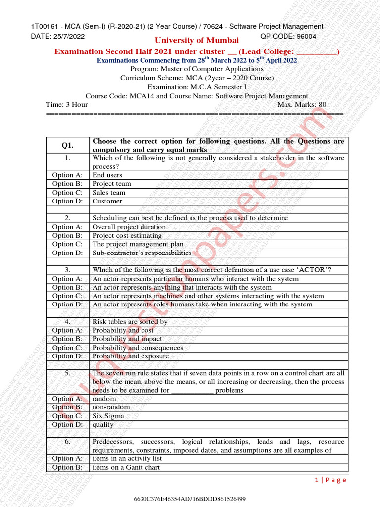 Technology Mca Master of Computer Applications Semester 1 2022 May Software Project Management ...