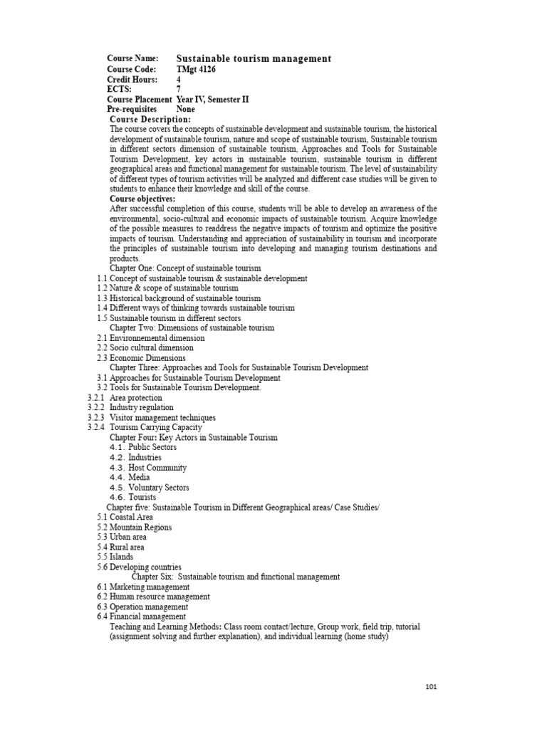 Course Outline For Sustainable Tourism | PDF | Sustainability | Tourism