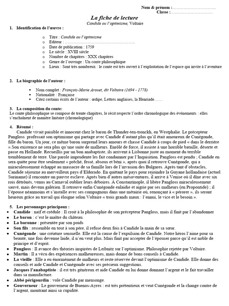 Fiche de Lecture Candidus | PDF | Candide