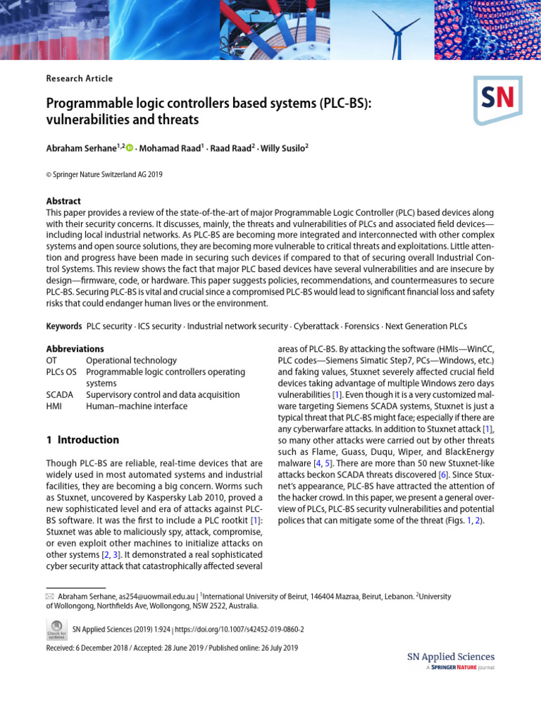 Programmable Logic Controllers Based Systems Plcbs Vulnerabilities And Threatssn Applied