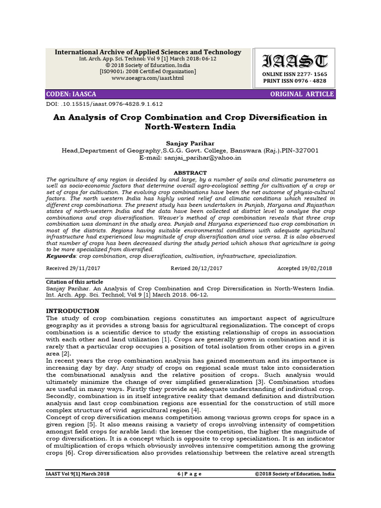 An Analysis of Crop Combination and Crop Diversification | PDF ...