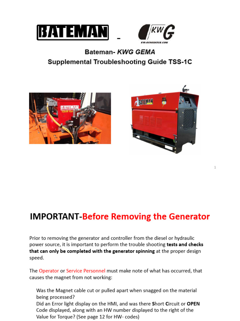 Bateman KWG Generator Troubleshooting Supplement TSS-1C July 2017 | PDF | Electric Generator ...